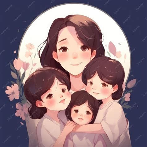 Una Ilustración De Dibujos Animados De Una Madre Y Sus Hijos Foto