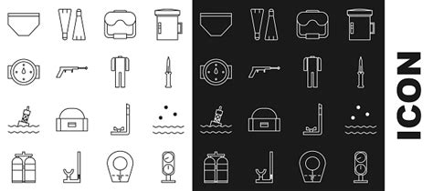 세트 라인 게이지 스케일 추위와 파도 육군 칼 다이빙 마스크 낚시 작살 바람 장미 수영 트렁크 및 스쿠버 다이빙 아이콘용 잠수복 벡터 검은색에 대한 스톡 벡터 아트 및 기타
