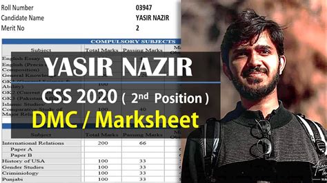 Yasir Nazir Css 2020 Topper Dmc Marksheet Youtube