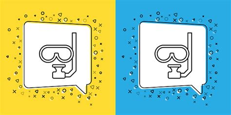 세트 라인 다이빙 마스크와 스노클 아이콘은 노란색과 파란색 배경에 분리되어 있습니다 익스트림 스포츠 다이빙 수중 장비 벡터 고무에 대한 스톡 벡터 아트 및 기타 이미지