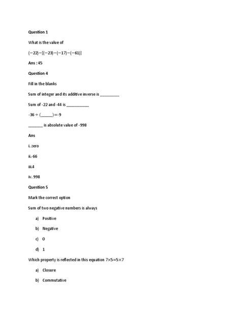 Test Paper Question With Anwar Integer Chapter 1 Pdf