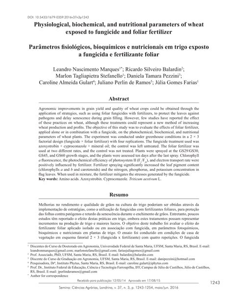 Pdf Physiological Biochemical And Nutritional Parameters Of Wheat