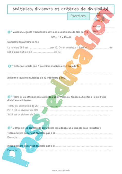 Multiples Diviseurs Et Critères De Divisibilité Exercices De 6eme Primaire Pdf à Imprimer