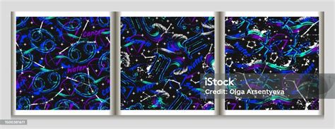 조디악 표지판이 있는 패턴 게자리 전갈자리 물고기자리 별자리 텍스트 페인트 튄 자국 붓놀림 연금술 삼각형 물 요소의 상징 스포츠 용품 인쇄물 표면 디자인을 위한 그런지