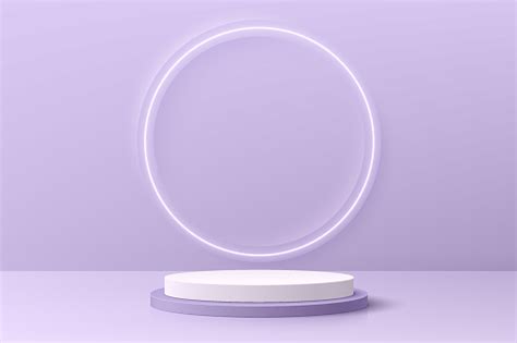 사실적인 보라색과 흰색 3d 실린더 받침대 연단과 조명 원형 네온 램프 모형 제품의 최소 장면 쇼케이스 무대 프로모션 디스플레이 벡터 기하학적 형태 추상적인 방 보라색에