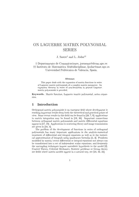 Pdf On Laguerre Matrix Polynomial Series