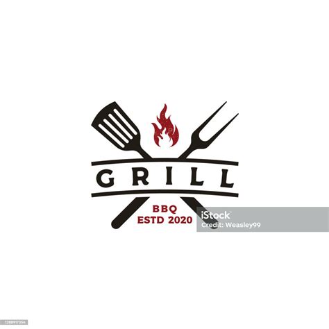 교차 포크와 불꽃 로고 디자인 빈티지 그릴 바베큐 바베큐 바베큐 바베큐 바베큐 불에 대한 스톡 벡터 아트 및 기타 이미지 불 포크 고기 Istock