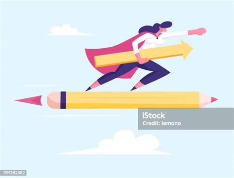 하늘에 구름 사이 거 대 한 펜 로켓에 비행 손에 화살표와 빨간 망토 슈퍼 직원 소녀에서 여성 슈퍼 히어로 비즈니스 성공 리더십 전문성 개념 만화 플랫 벡터 일러스트 개념에