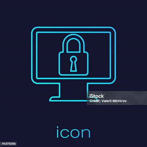 컴퓨터 모니터 화면 라인 아이콘 파란색 배경에 고립에 청록색 잠금 모니터 및 자물쇠 보안 안전 보호 개념입니다 안전한 인터네트워크 벡터 일러스트 0명에 대한 스톡 벡터 아트