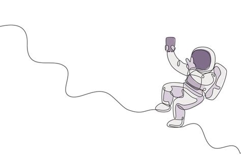 Premium Vector Single Continuous Line Drawing Of Science Astronaut In Spacewalk Pose Selfie