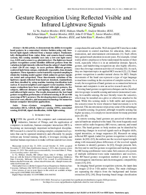 Pdf Hand Gesture Recognition Through Reflected Infrared Light Wave Signals