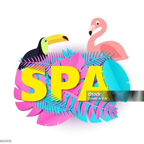 창의적인 핑크와 블루 정글 단어 스파 구성 큰부리새 플라밍고 Trandy 종이 스타일을 잘라 나뭇잎 포스터 배너 전단지에 대 한