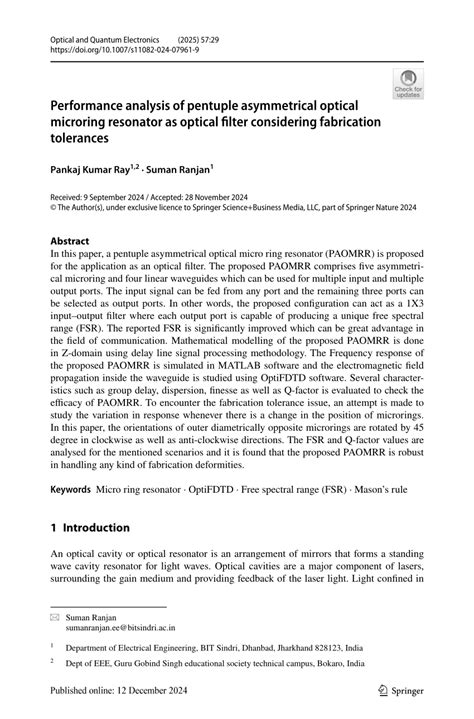 Pdf Performance Analysis Of Pentuple Asymmetrical Optical Microring