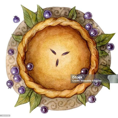 블루베리 파이가 있는 수채화 일러스트레이션 흰색 배경에 격리 엽서 스티커 및 메뉴에 사용할 수 있습니다 후식 파이에 대한 스톡 벡터 아트 및 기타 이미지 Istock