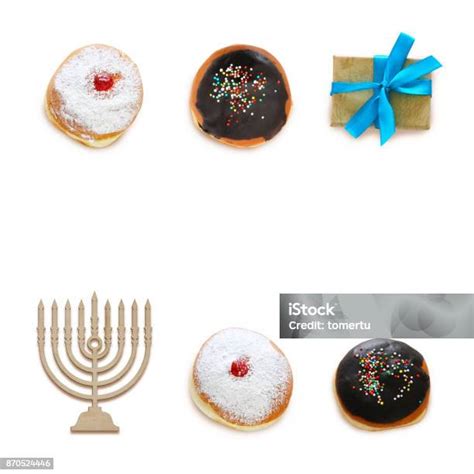 유태인 휴일 전통 도넛 격리와 메노라 화이트에 하누카 이미지 0명에 대한 스톡 사진 및 기타 이미지 0명 12월 도넛