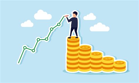 동전 차트 더미 위에 서 있는 사업가가 상승 추세가 있는 그래프를 그리고 있으며 이는 비즈니스 성장과 이익 증가와의 상관 관계에 대한 개념을 보여줍니다 개발에 대한 스톡