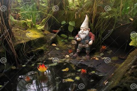 Broken Gnome By A Small Garden Pond Stock Illustration Illustration