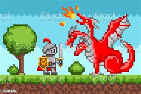 빨간 드래곤에 맞서 싸우는 방패와 칼을 들고 있는 전사와 함께 픽셀화된 자연 경관 기사 사람의 역할에 대한 스톡 벡터 아트 및