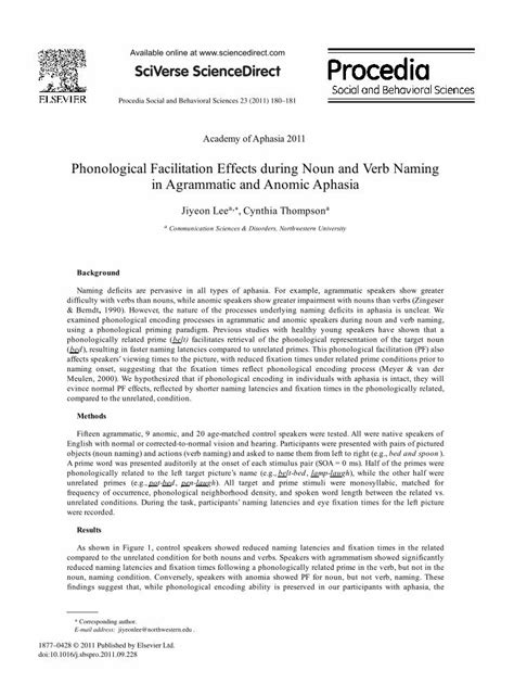Pdf Phonological Facilitation Effects During Noun And Verb Naming In Agrammatic And Anomic