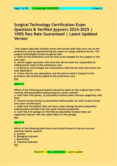 Surgical Technology Certification Exam Questions And Verified Answers 100 Pass Rate Guaranteed