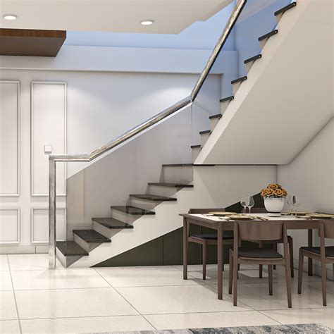 L Shaped Contemporary Staircase Design With Metal And Glass Livspace
