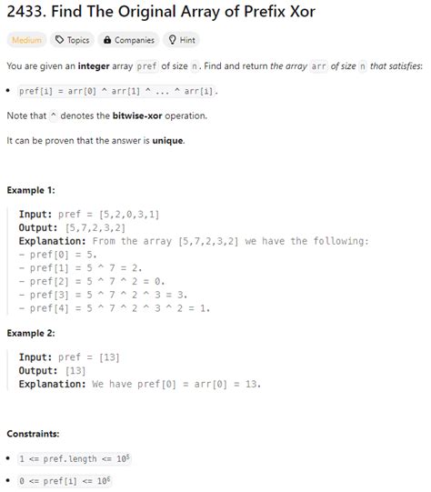 99클럽 코테 스터디 6일차 Til 배열 Leetcode 2433 Find The Original Array Of Prefix Xor 스트레스는 할 수