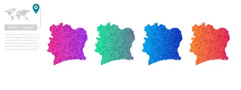 벡터 다각형 코트디부아르 지도 세트입니다 낮은 폴리 스타일의 국가의 밝은 그라데이션 지도 인포그래픽을 위한 기하학적 스타일의 여러 가지 빛깔의 국가 지도 당신을 위한 다각형
