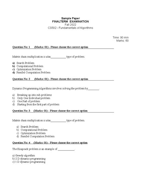 Sample Paper Cs502 Sample Paper Finalterm Examination Fall 2022 Cs502