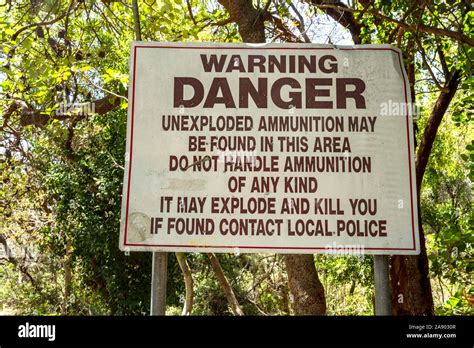Warning Sign Announcing The Danger Of Unexploded Ammunition In The Area In Currimundi Beach