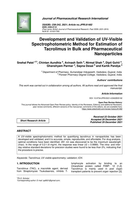 Pdf Development And Validation Of Uv Visible Spectrophotometric Method For Estimation Of