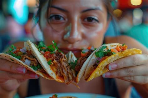 Mexican Woman Eating Tacos Al Pastor Mexican Food In Mexico Latin