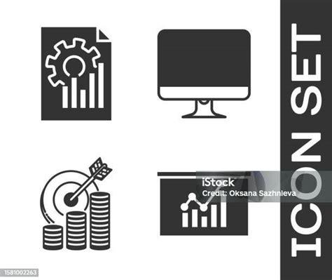 Set Board With Graph Chart Document With Graph Chart Target With Coin Symbol And Computer