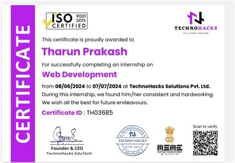 tharun prakash on linkedin completion of techno hack internship 🎉🎈