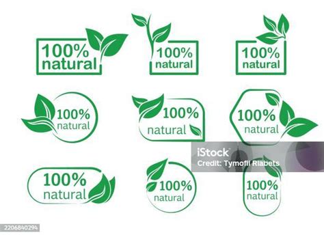 Стокова ілюстрація Зелені Еко Етикетки З Текстом 100 Натуральний Листя Та Рамки Різних Форм