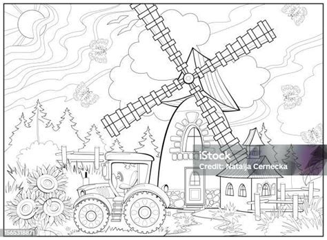 풍차와 트랙터가 있는 시골 풍경 어린이와 성인을 위한 색칠하기 책 스타일리시한 이미지 그림과 명상을 위한 인쇄 가능한 페이지입니다 흑백 벡터 그림입니다 트랙터에 대한 스톡
