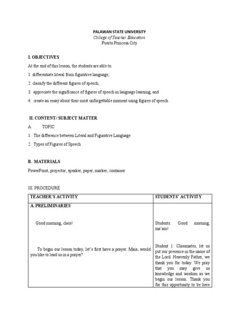 Detailed Lesson Plan Figures Of Speech Edited Pdf Thought