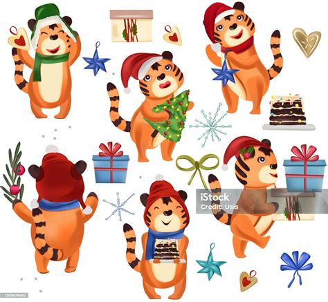 귀여운 호랑이 크리스마스 스타 초콜릿 케이크 선물 크리스마스 트리 쿠키와 크리스마스 컬렉션 2022년의 상징인 다양한 호랑이 개념 크리스마스와 새해 벡터 그림입니다 12월