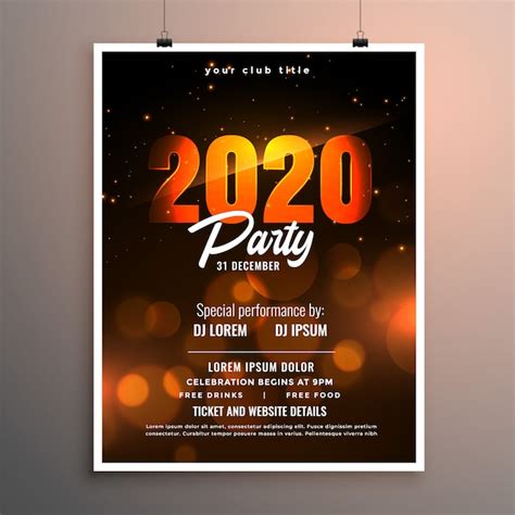 새해 복 많이 받으세요 2020 파티 축하 전단 또는 포스터 템플릿 무료 벡터