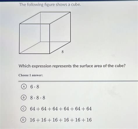 Solved The Following Figure Shows A Cube Which Expression Represents The Surface Area Of The