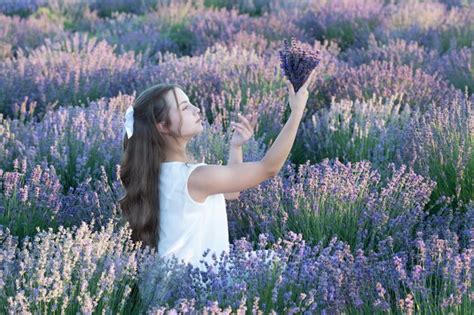 Premium Photo Girl Walk Through Lavender Field In Summer Caucasian