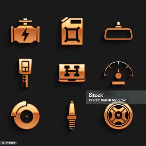 자동차의 진단 상태 자동차 점화 플러그 바퀴 속도계 캘리퍼가 있는 브레이크 디스크 키 리모컨 거울 및 엔진 확인 아이콘을 설정합니다 벡터 가장자리에 대한 스톡 벡터 아트 및