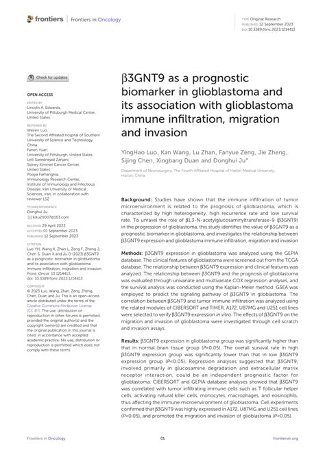 Pdf β3gnt9 As A Prognostic Biomarker In Glioblastoma And Its Association With Glioblastoma