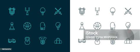 세트 라인 펜싱 무게 권투 글러브 메달 농구 공 라켓 스톱워치 및 미식 축구 골 포스트 아이콘 벡터 3위에 대한 스톡 벡터 아트 및 기타 이미지 Istock