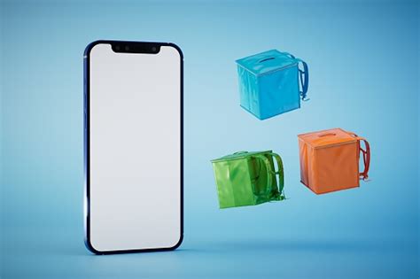 온라인 음식 배달 지불 파란색 배경에 음식을 위한 스마트폰과 택배 가방 3d 렌더링 가방에 대한 스톡 사진 및 기타 이미지 가방 건강관리와 의술 구매 Istock