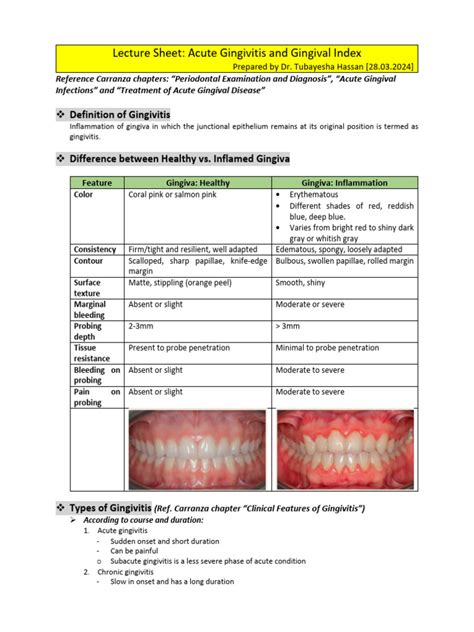 Tology Lecture Sheet Acute Gingivitis And Gingival Index Pdf