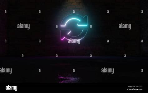 3d Rendering Of Blue Violet Neon Symbol Of Upload Circular Arrows On Dark Brick Wall Background