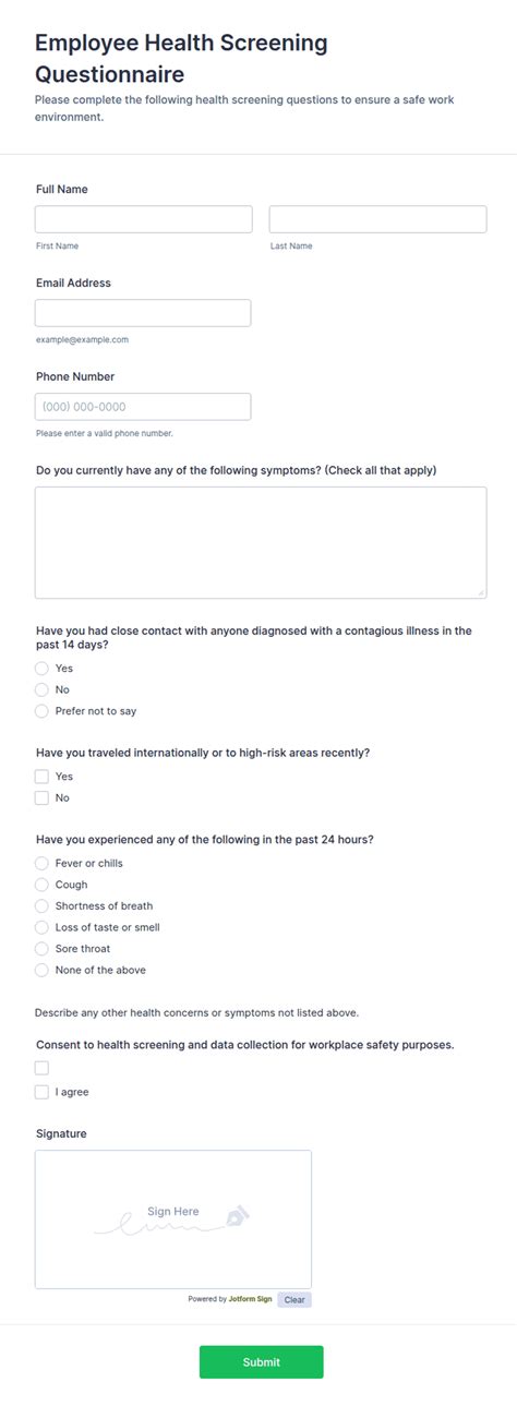 Employee Health Screening Questionnaire Form Template Jotform