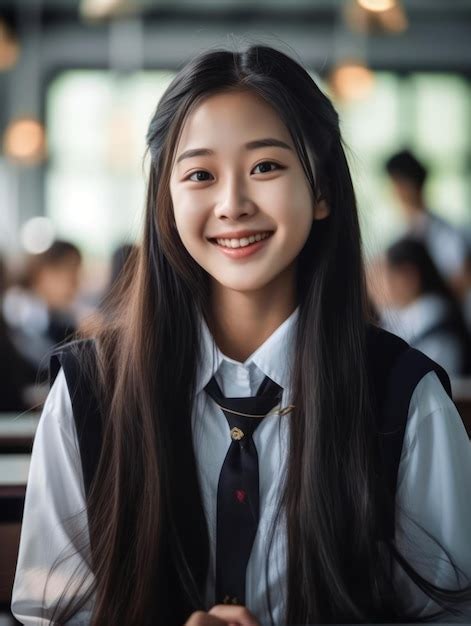 Educación De Niñas Asiáticas Feliz Hermosa Niña Asiática Está Sonriendo