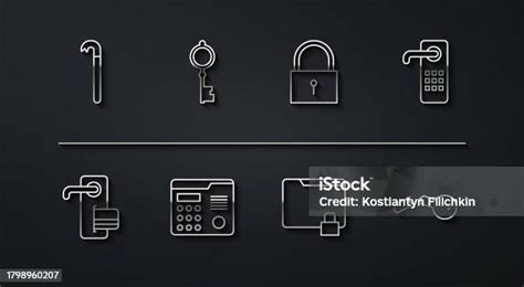 라인 지렛대 디지털 도어 잠금 장치 폴더 및 하우스 인터콤 시스템 오래된 키 깨진 및 잠금 아이콘을 설정합니다 벡터 갈고리 발톱에 대한 스톡 벡터 아트 및 기타 이미지