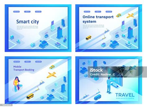 모바일 교통 온라인 서비스 랜딩 페이지 템플릿 세트 여행 예약 앱 개념 3d 아이소메트릭 벡터 스마트 시티 스마트 폰 비행기 버스 인터넷에서 검색하는 소녀 Ux 디자인